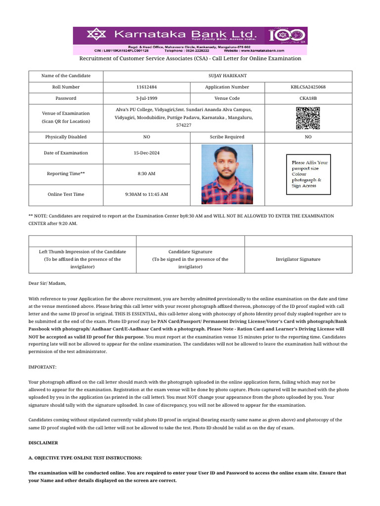 Karnataka Bank CSA Call Letter | PDF