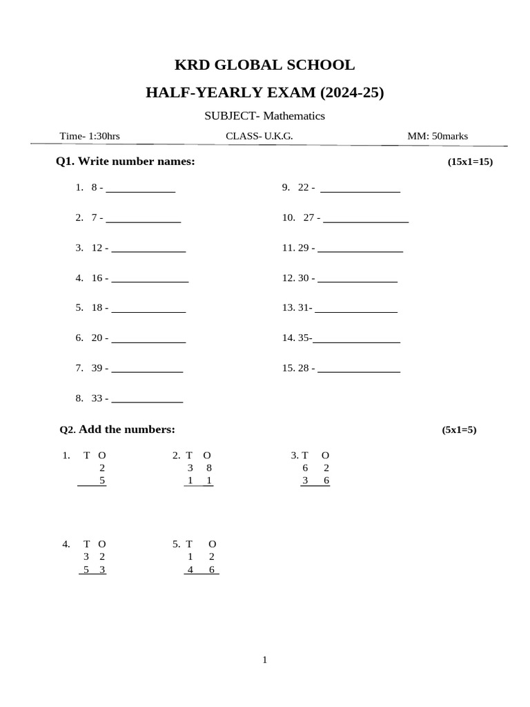 U.K.G. Mathematics Half-Yearly Exam | PDF