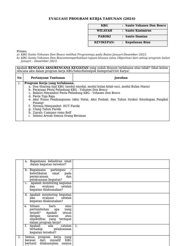 Evaluasi Proker 2024 - KBG Santo Yohanes Don Bosco | PDF
