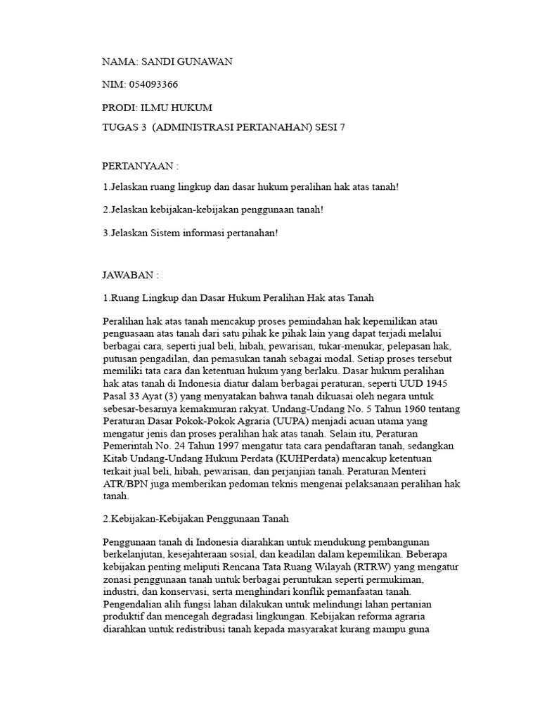 TUGAS 3 (ADMINISTRASI PERTANAHAN) SESI 7 | PDF