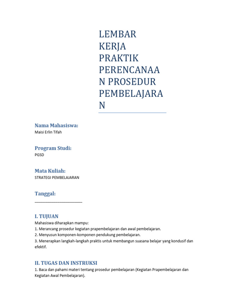 Lembar Kerja Praktik Perencanaan Prosedur Pembelajaran | PDF