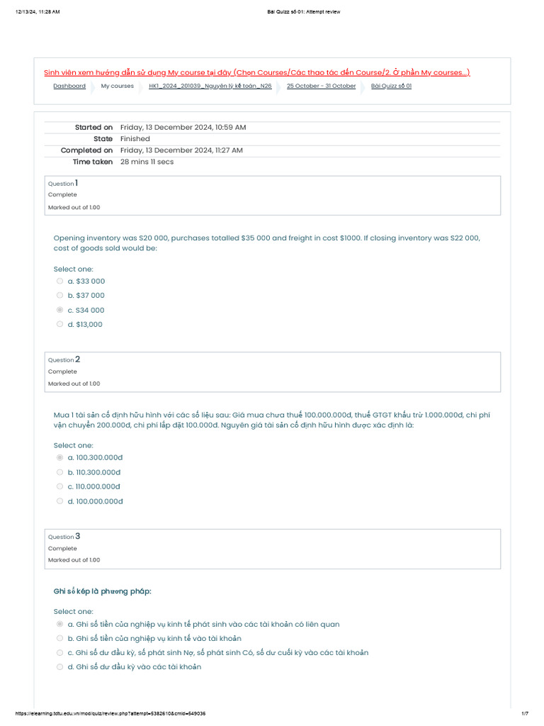 Bài Quizz số 01 - Attempt review | PDF