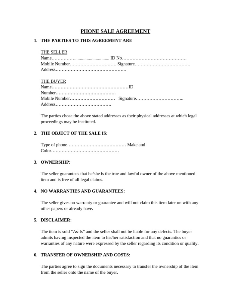 Mobile Phone Sale Agreement Template | PDF
