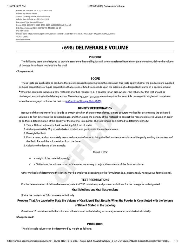 USP-NF 698 Deliverable Volume | PDF | Density | Volume