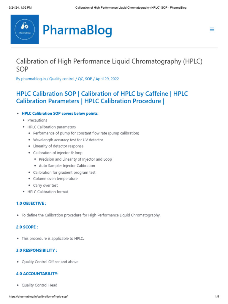 Calibration of High Performance Liquid Chromatography (HPLC) SOP ...