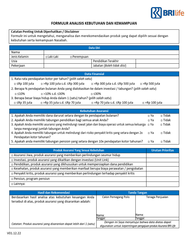 Form Analisa Kebutuhan Nasabah | PDF