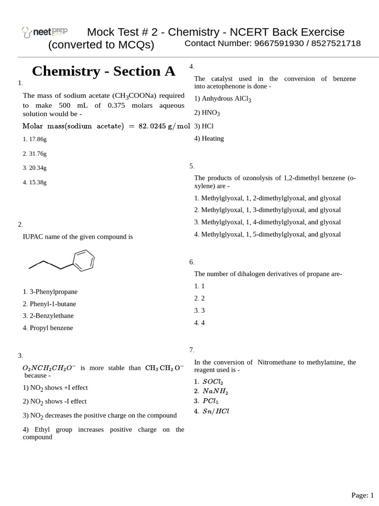 Mock Test # 2 Chemistry 10 Chapters NCERT Back Exercise | PDF ...