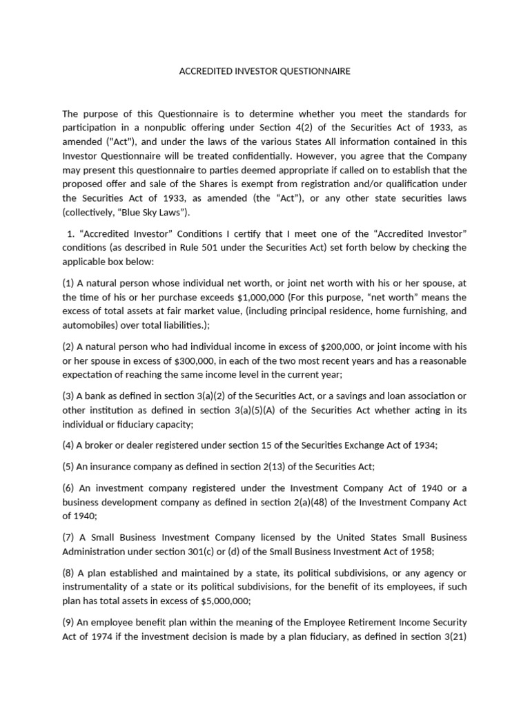 Accredited Investor Questionnaire | PDF | Investing | Securities (Finance)
