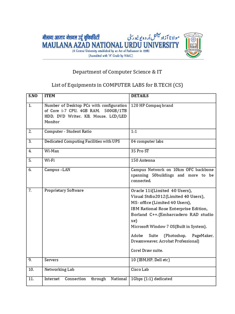 B.Tech CS Lab Equipment Overview | PDF | Personal Computers | Hewlett ...