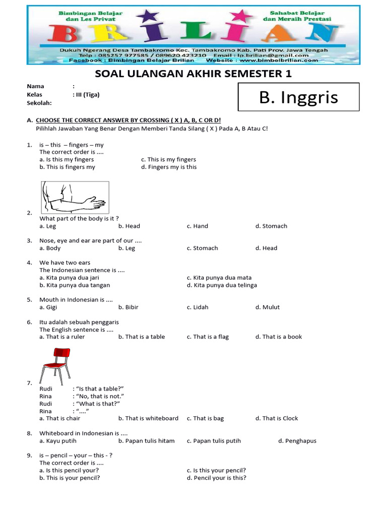 Soal UAS B. Inggris Kelas 3 SD Semester 1 (Ganjil) Dan Kunci Jawaban (www.bimbelbrilian.com) | PDF