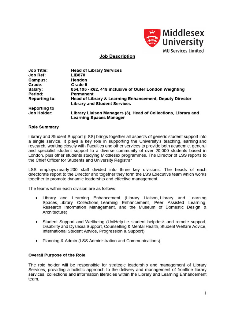 LIB870 - Head of Library Services | PDF | Libraries | Occupational Safety And Health