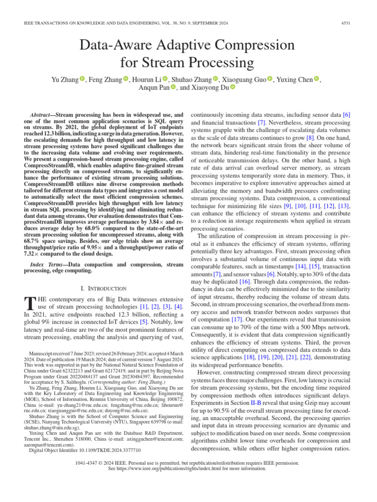 Data Aware Adaptive Compression For Stream Processing Pdf Data Compression Internet Of Things