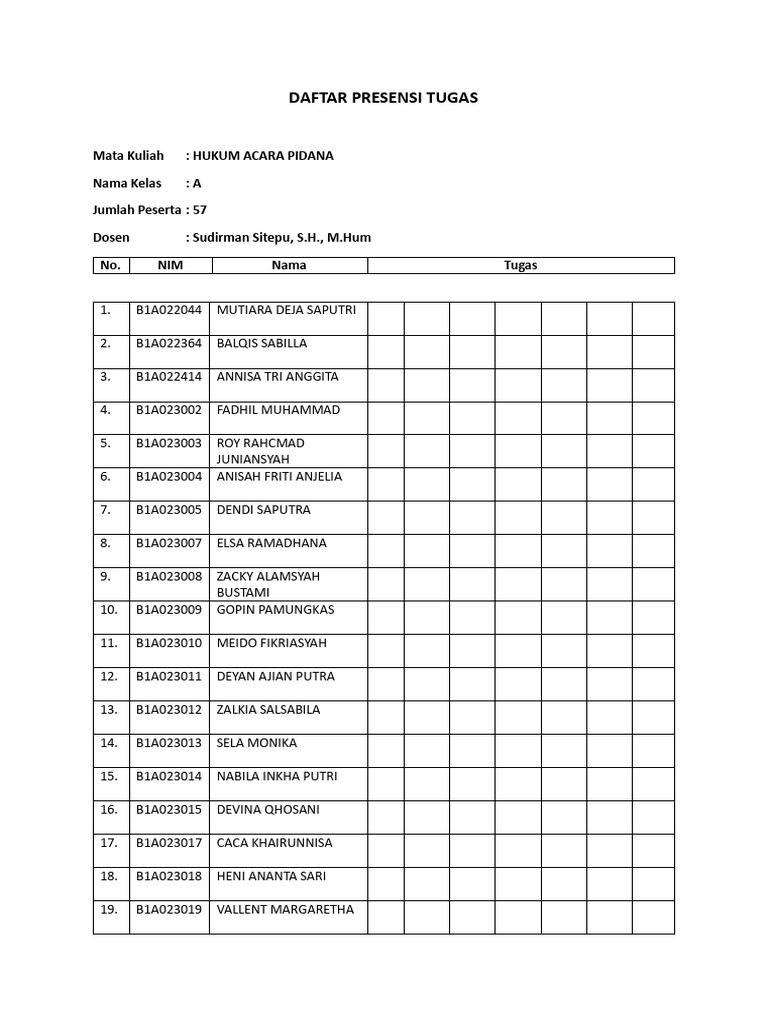 Daftar Presensi Tugas | PDF