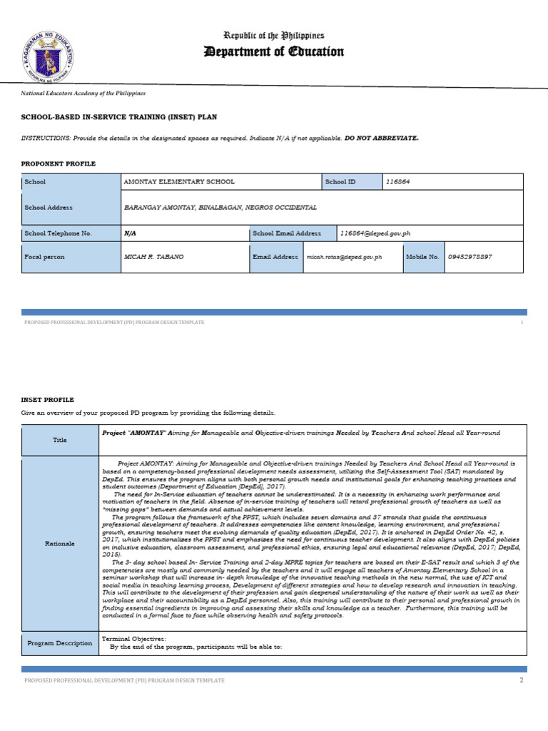 Amontay School INSET Training Plan | PDF | Educational Assessment | Learning