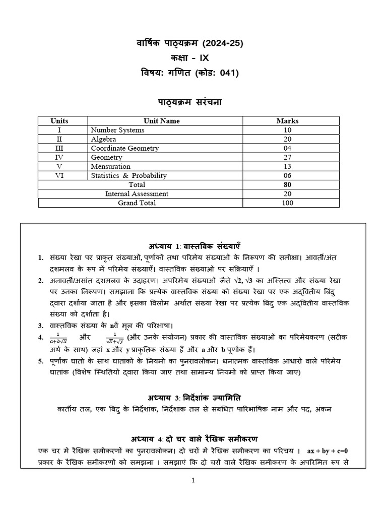 9 Math Hindi 2024 25 | PDF