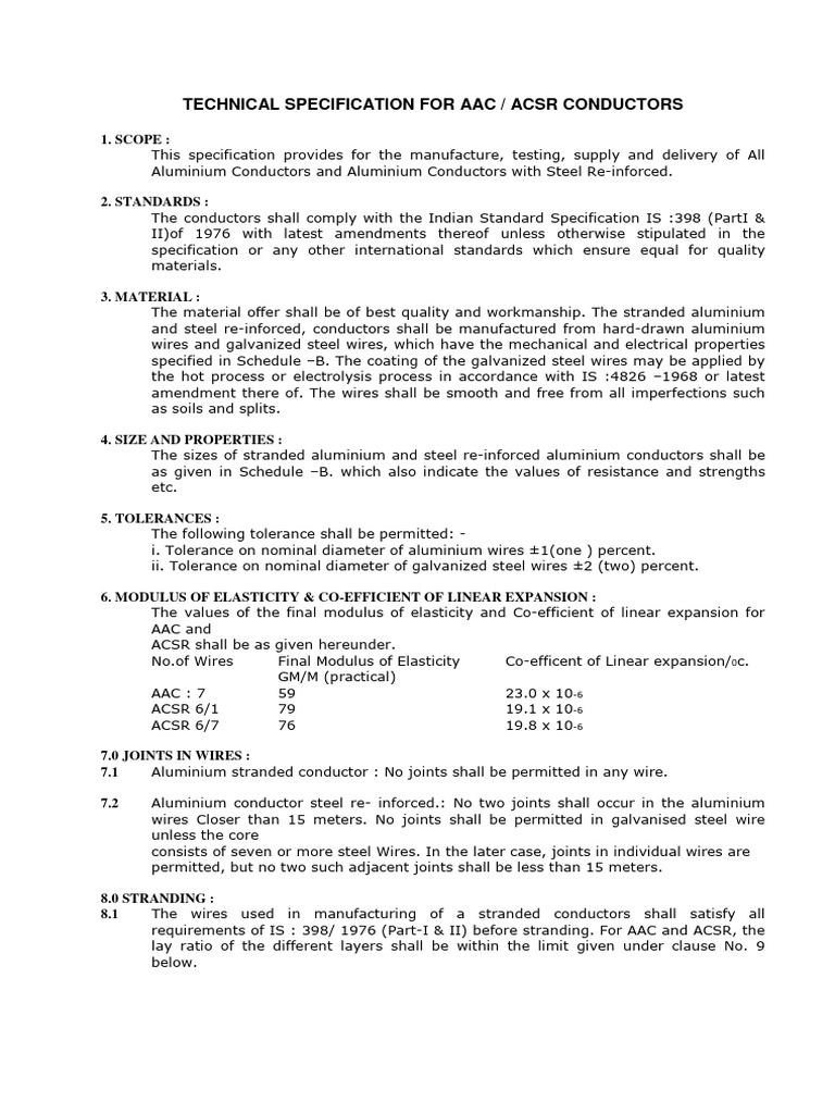 Tech Specifications ACSR | PDF | Wire | Materials