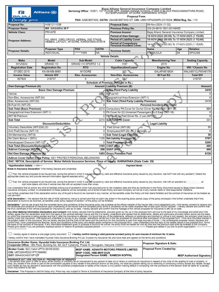 Proposal Form MR. NAGARAJ M P | PDF | Insurance | Deductible