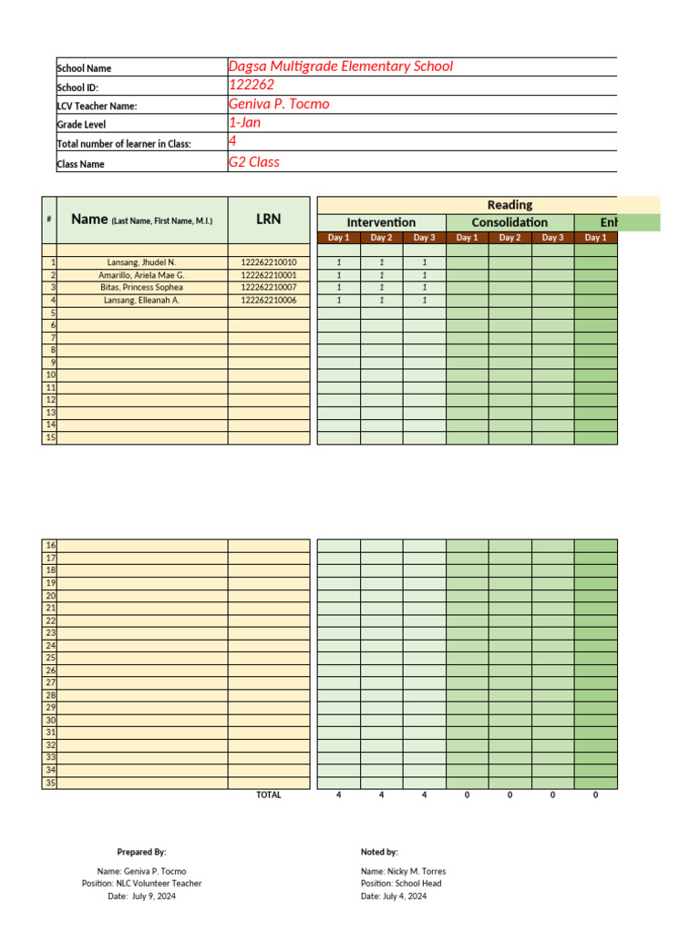 July 18, 2024 NLC Attendance - Elementary Class Week Grade 2 | PDF
