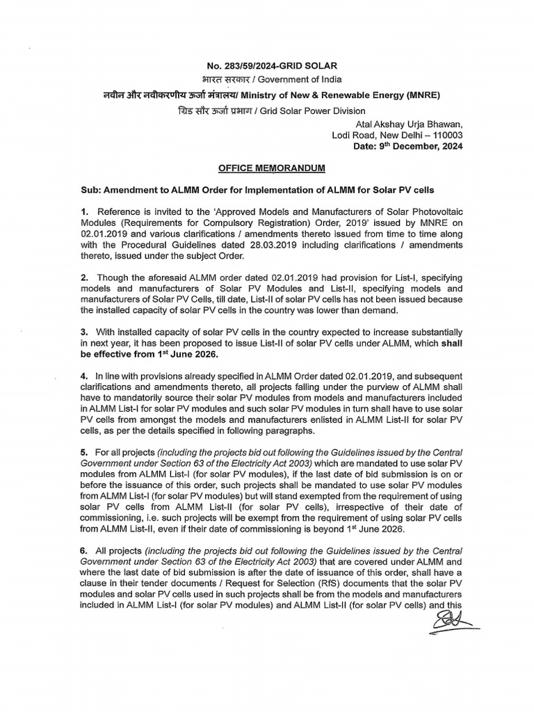 Amendment-ALMM For Solar PV Cells | PDF | Photovoltaics | Solar Power