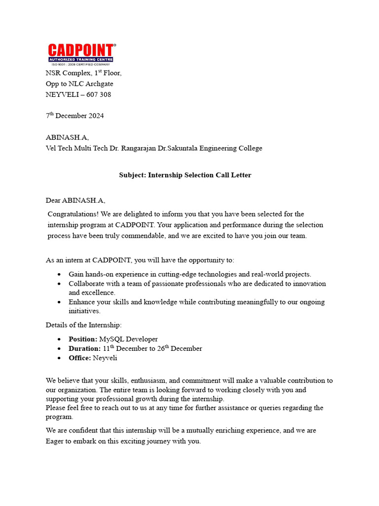 Avinash Call Letter - Intern | PDF