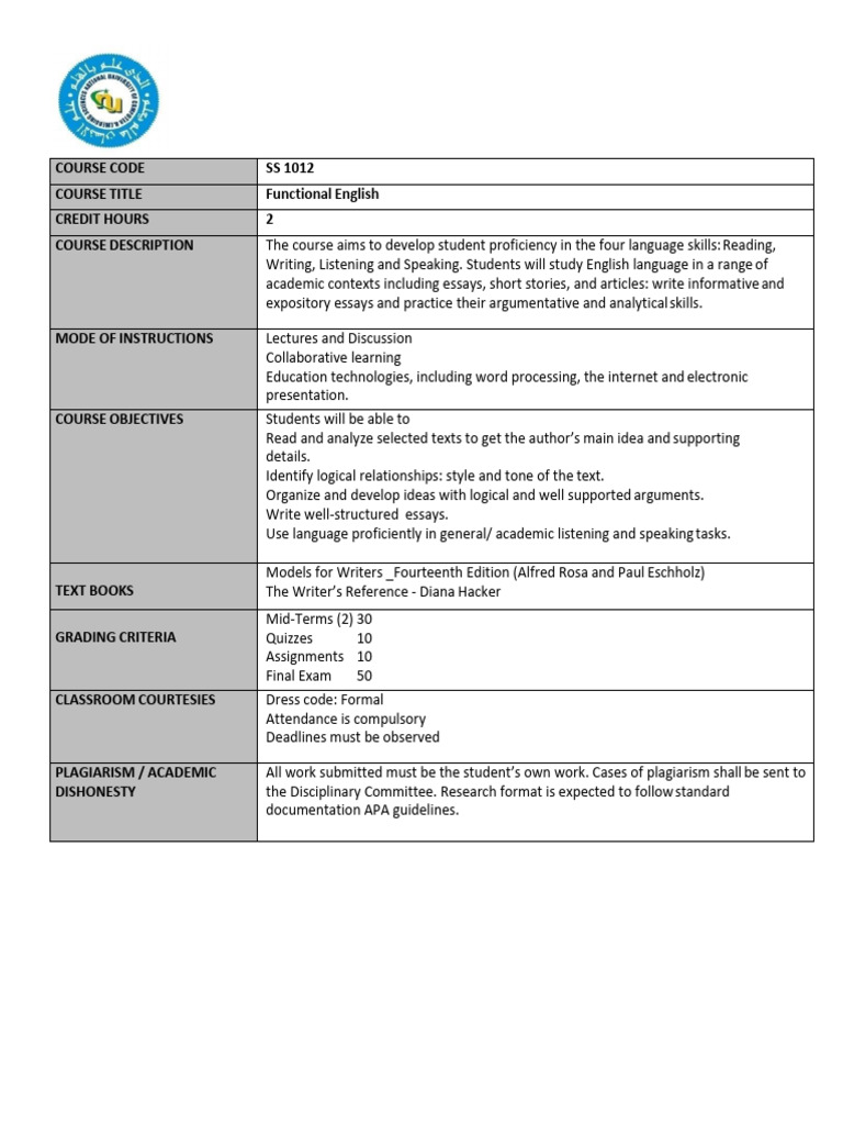 Functional English Course Outline Fall 2024 (For Students) | PDF ...