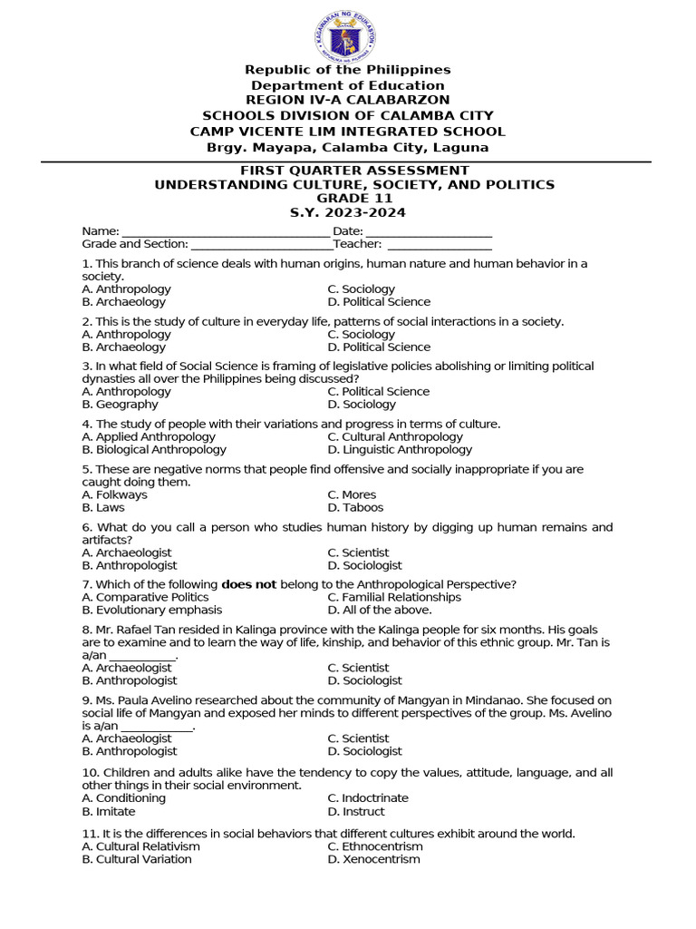 FIRST QUARTER ASSESSMENT FINAL Long | PDF | Socialization | Anthropology