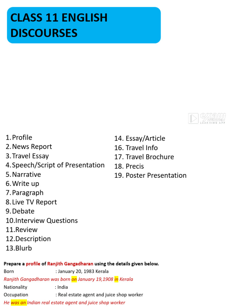 Examwinner Plus One English Discourses Alex Sir Note | PDF