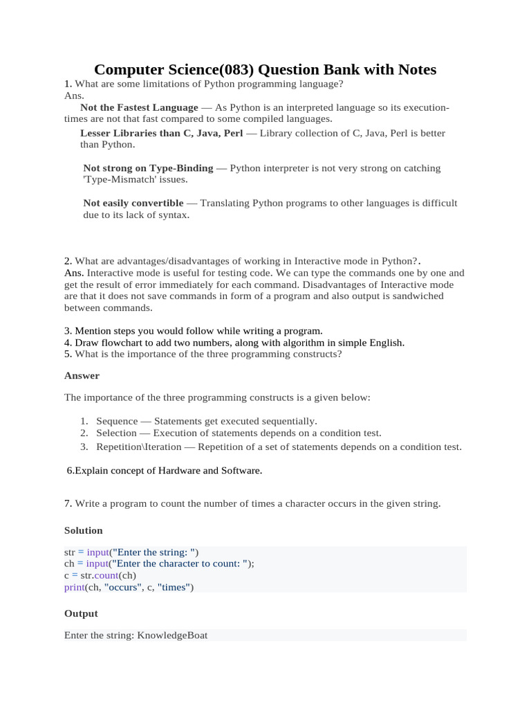 CS CBSE Notes With Questions Bank | PDF | Control Flow | Python ...