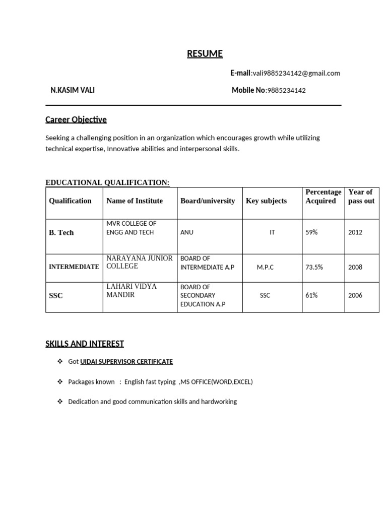 Resume of N. Kasim Vali - B.Tech IT | PDF