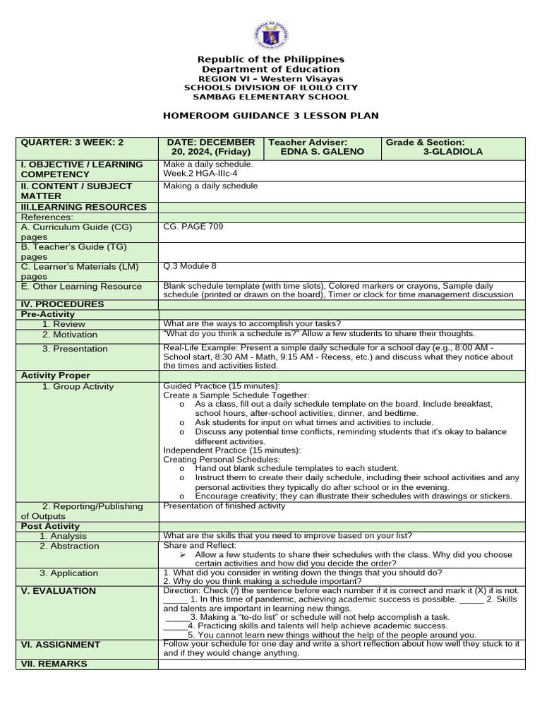 Q.3 W.2 Homeroom Guidance 3 Lesson Plan | PDF | Teaching | Human ...