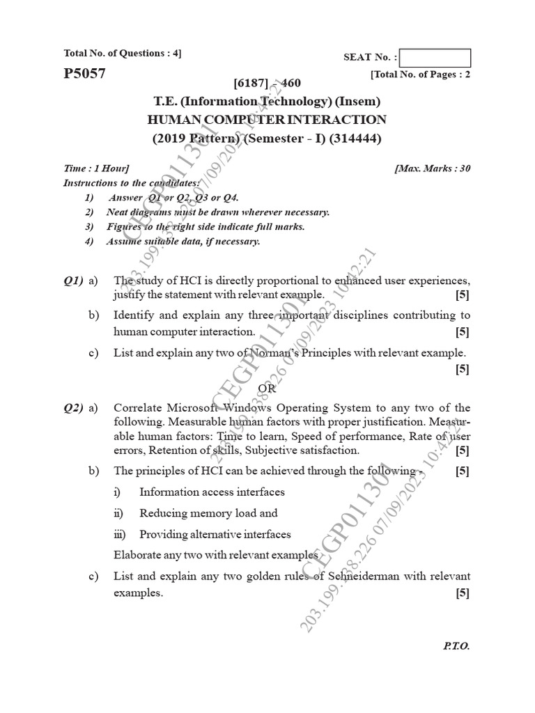 HUMAN COMPUTER INTERACTION T.E IT (Insem) 2019 Pattern Sem I OCT 2023 | PDF | Human–Computer ...