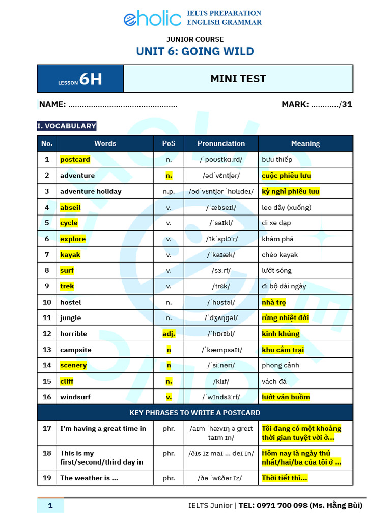 (Junior) Handout U6 - 6H - Mini Test - KEY | PDF