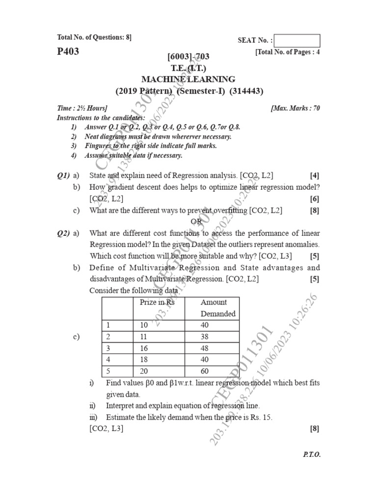 Machine Learning Exam Questions 2019 | PDF | Linear Regression ...