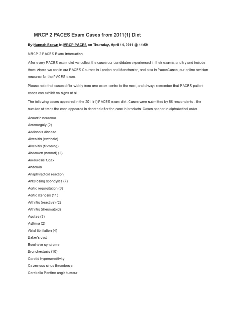 MRCP 2 PACES Exam Cases From 2011 | Download Free PDF | Cancer ...