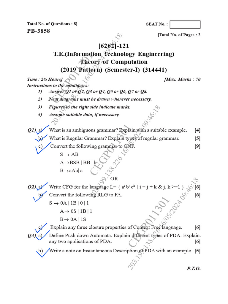 Theory of Computation Exam | PDF | Computing | Models Of Computation