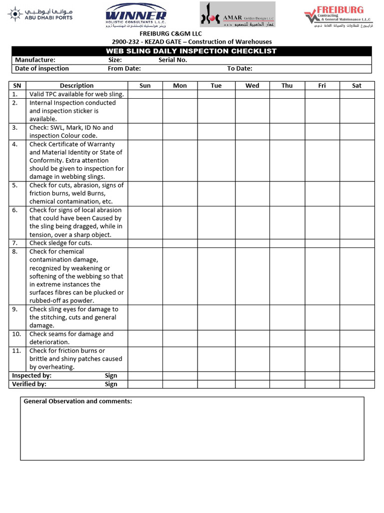 Web Sling Daily Inspection Checklist | PDF