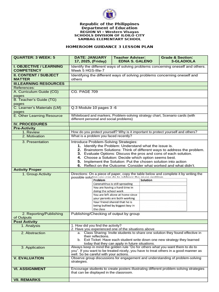 Q.3 W.5 Homeroom Guidance 3 Lesson Plan | PDF | Learning | Lesson Plan