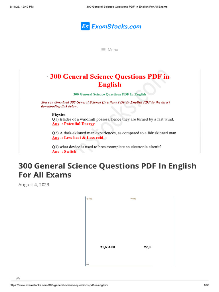 300 General Science Questions PDF in English For All Exams | PDF | Iron | Light