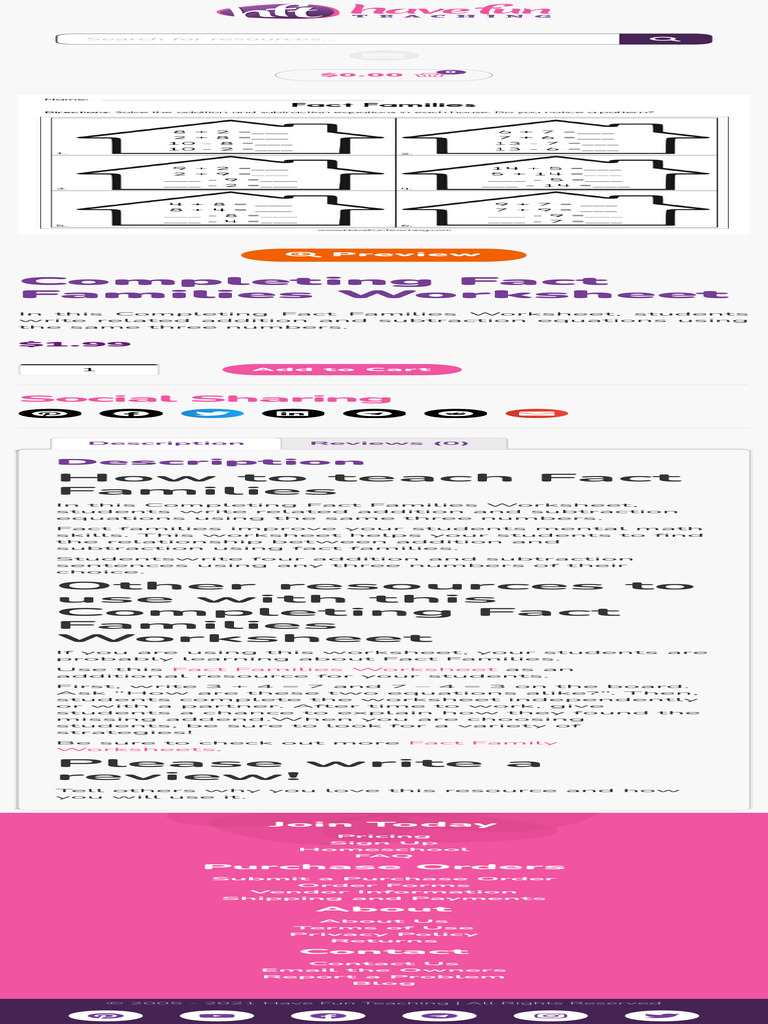 Completing Fact Families Worksheet - Have Fun Teaching | PDF