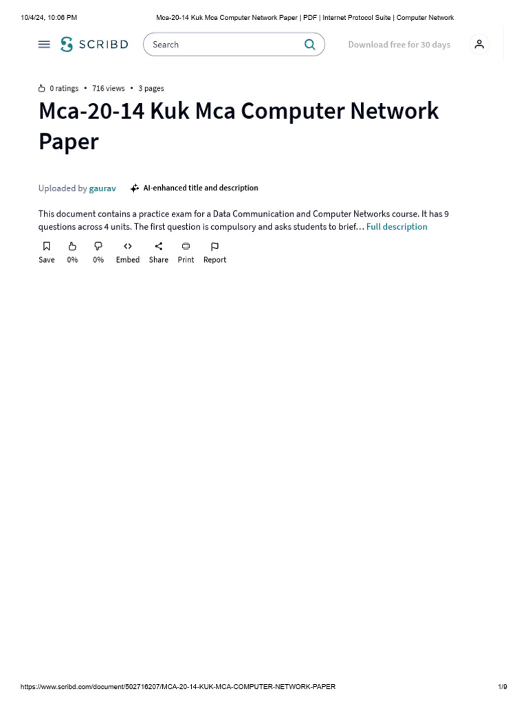 Mca-20-14 Kuk Mca Computer Network Paper - PDF - Internet Protocol Suite - Computer Network ...