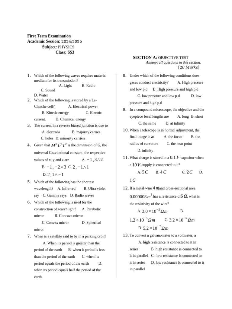 CRSS 2024 SS3 PHYSICS EXAM 1st TERM | PDF | Capacitance | Capacitor