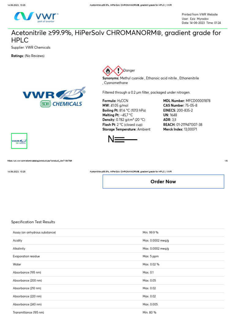 Acetonitrile 99.9%, HiPerSolv CHROMANORM®, Gradient Grade For HPLC - VWR | PDF | Chemistry