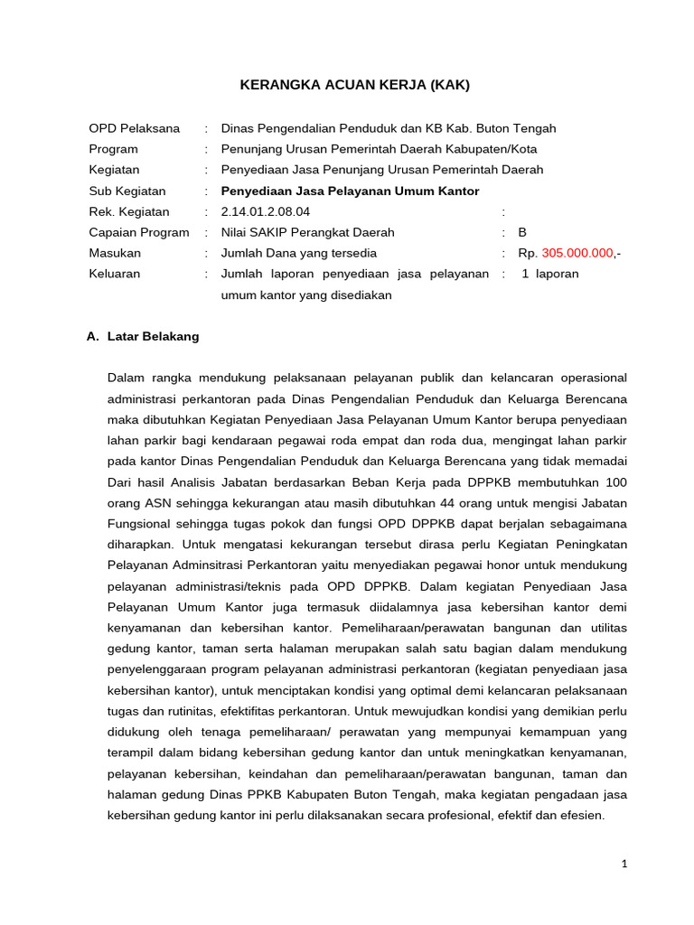 4 KAK Penyediaan Jasa Pelayanan Umum Kantor | PDF