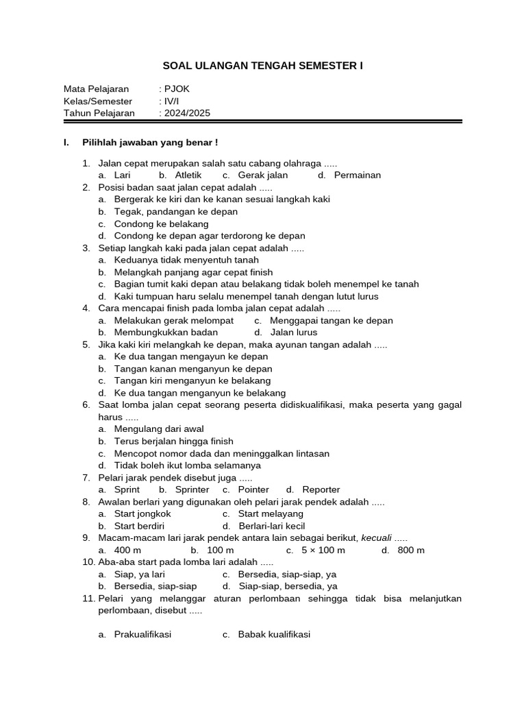 Soal Ujian Tengah Semester I Kelas 4 Pjok | PDF