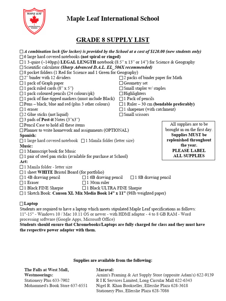 Supply Lists 2020 2021 Gr8 | PDF | Pencil | Notebook
