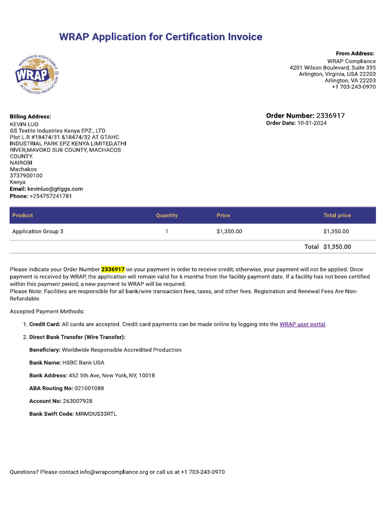 WRAP Applicationn For Certification Invoice | PDF