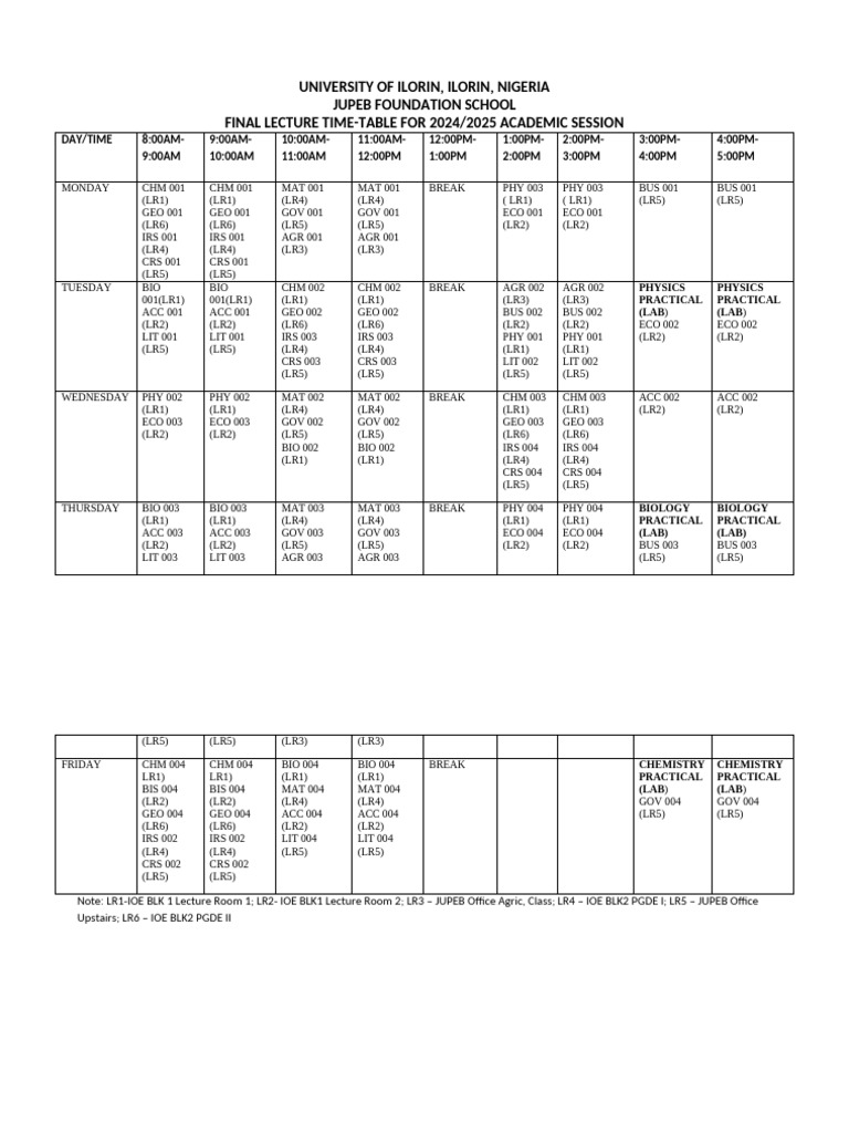 JUPEB 2024/2025 Final Timetable | PDF