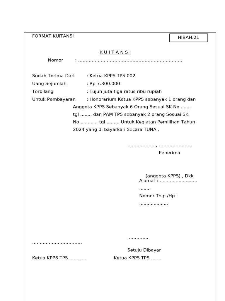 FORMAT KUITANSI KPPS (form hibah 21) 002 | PDF
