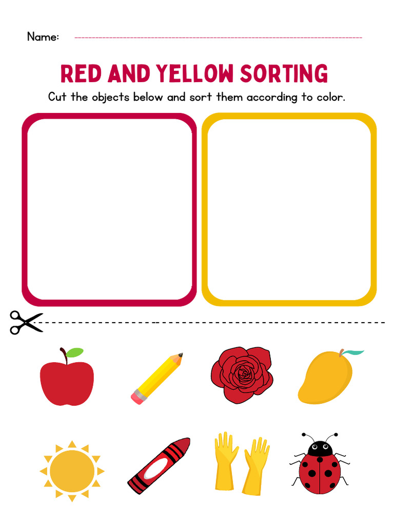 Red and Yellow Simple Sorting Kindergarten Activity Worksheet | PDF