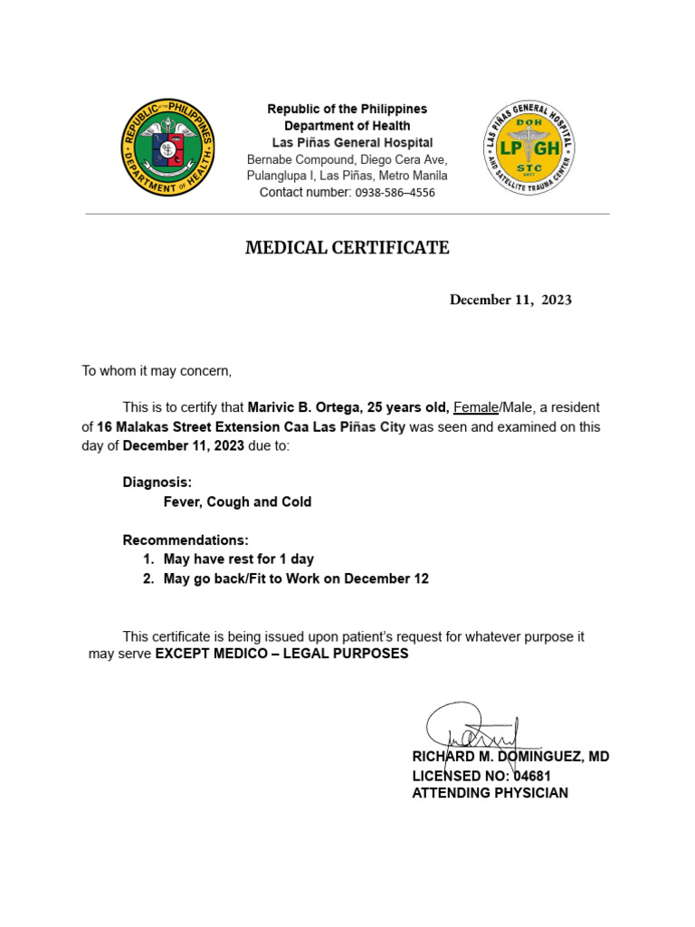 Med Cert 12 12 1 | PDF